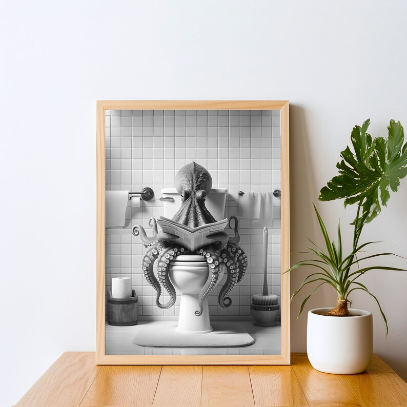 Octopus Wall Art, Funny Bathroom Print, Octopus in Toilet, Bathroom Art ...