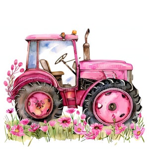 Rustic Tractor Clipart, Pink Farm Tractor Watercolor Tractor Clipart ...