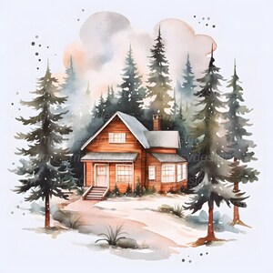 Watercolor Winter House Clipart, Pine Tree Clipart, High Quality PNG ...