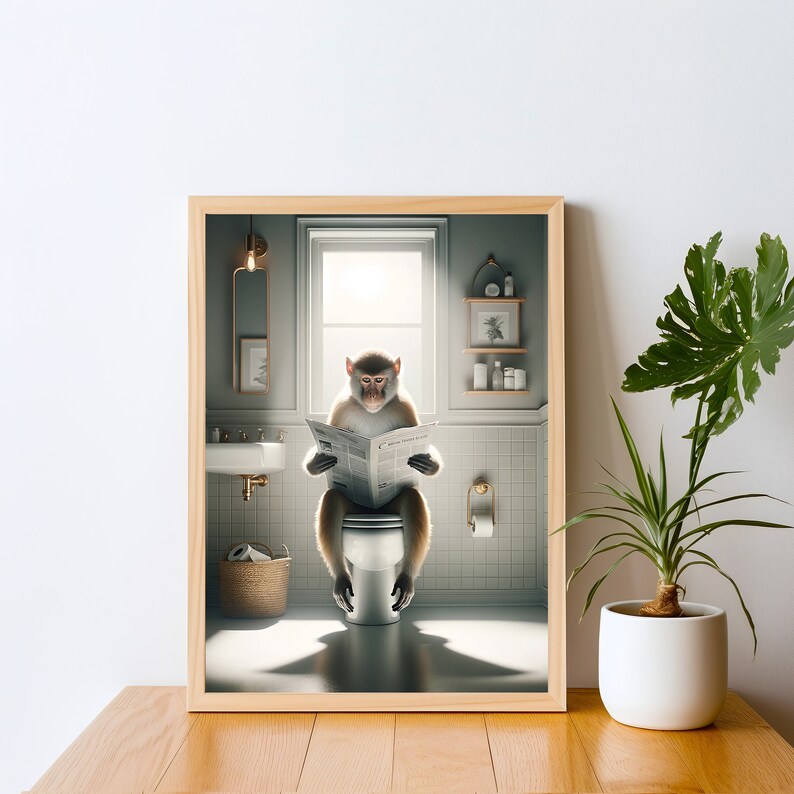 Monkey Wall Art, Funny Bathroom Print, Toilet Poster, Monkey in Toilet ...