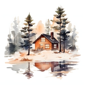 Watercolor Winter House Clipart, Pine Tree Clipart, High Quality PNG ...