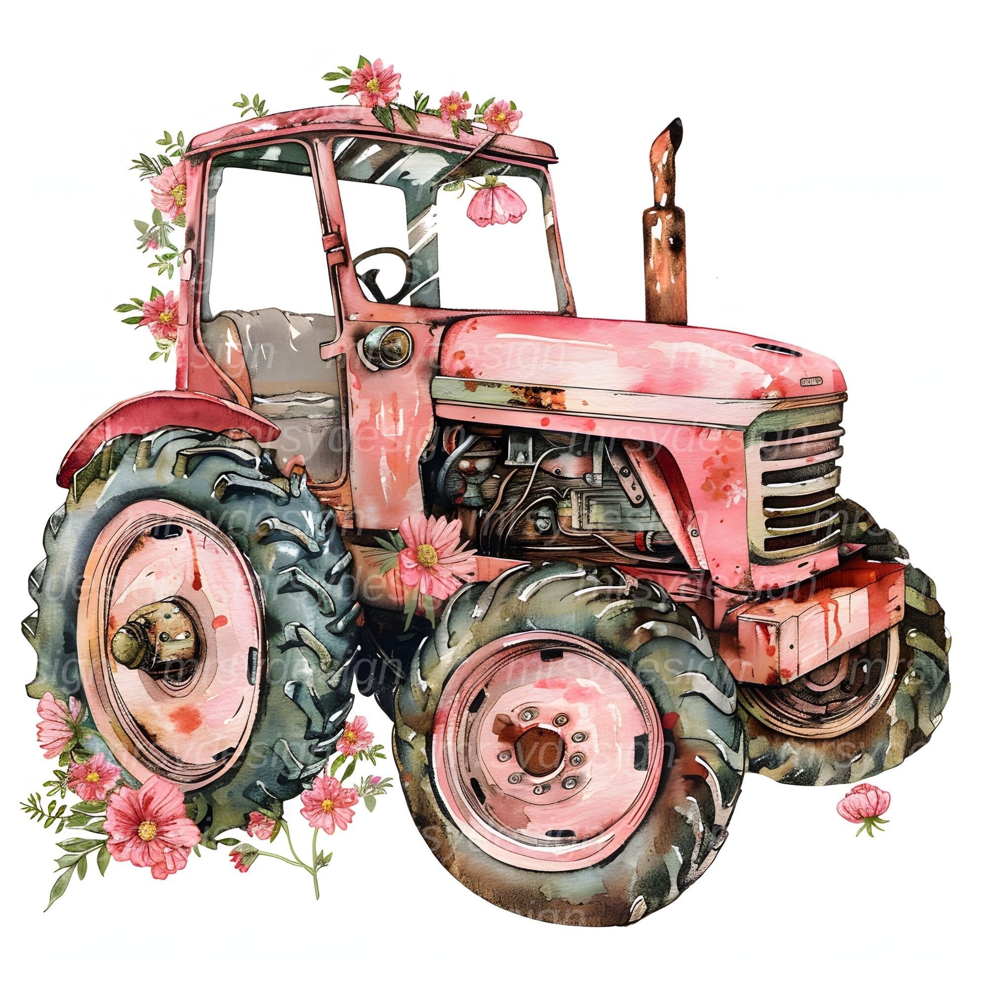 Rustic Tractor Clipart, Pink Farm Tractor Watercolor Tractor Clipart ...