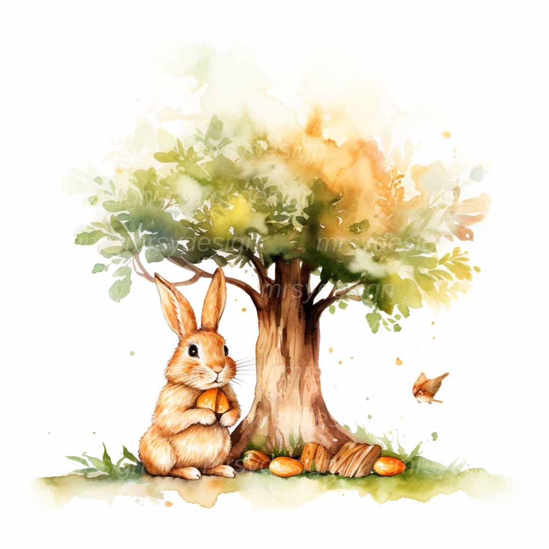 28 Watercolor Rabbit and Tree Clipart, Watercolor Tree Clipart, Bunny ...