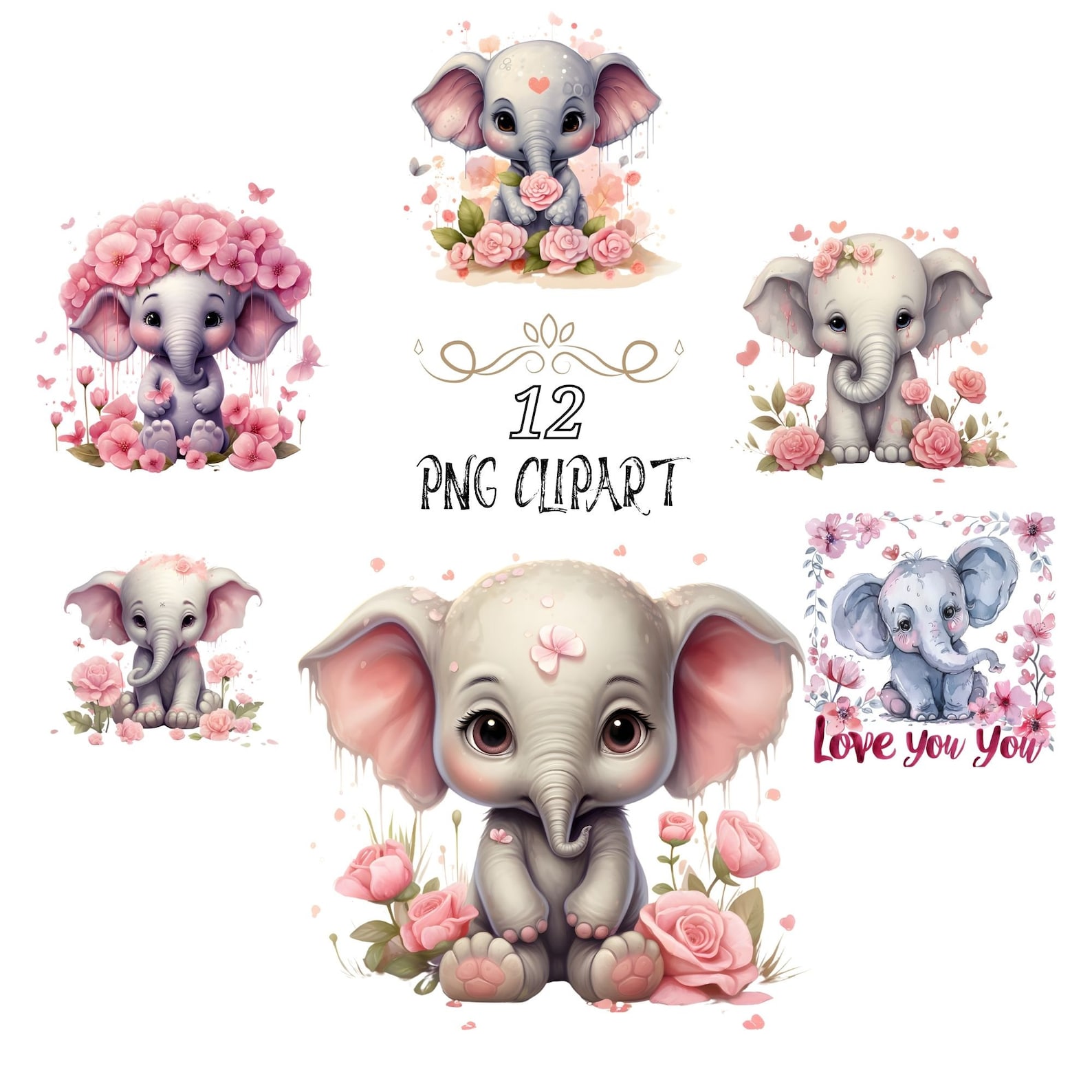 Cute Elephant Clipart, Animal Art With Pink Flowers, Watercolor ...