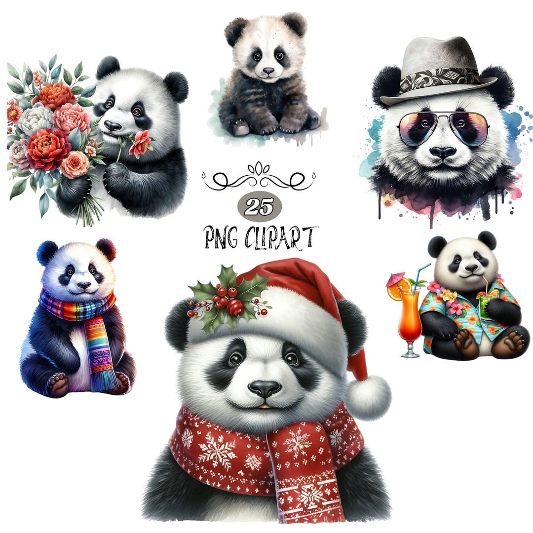 Panda Clipart, Watercolor Panda Clipart, Card Making, Clipart Bundle ...
