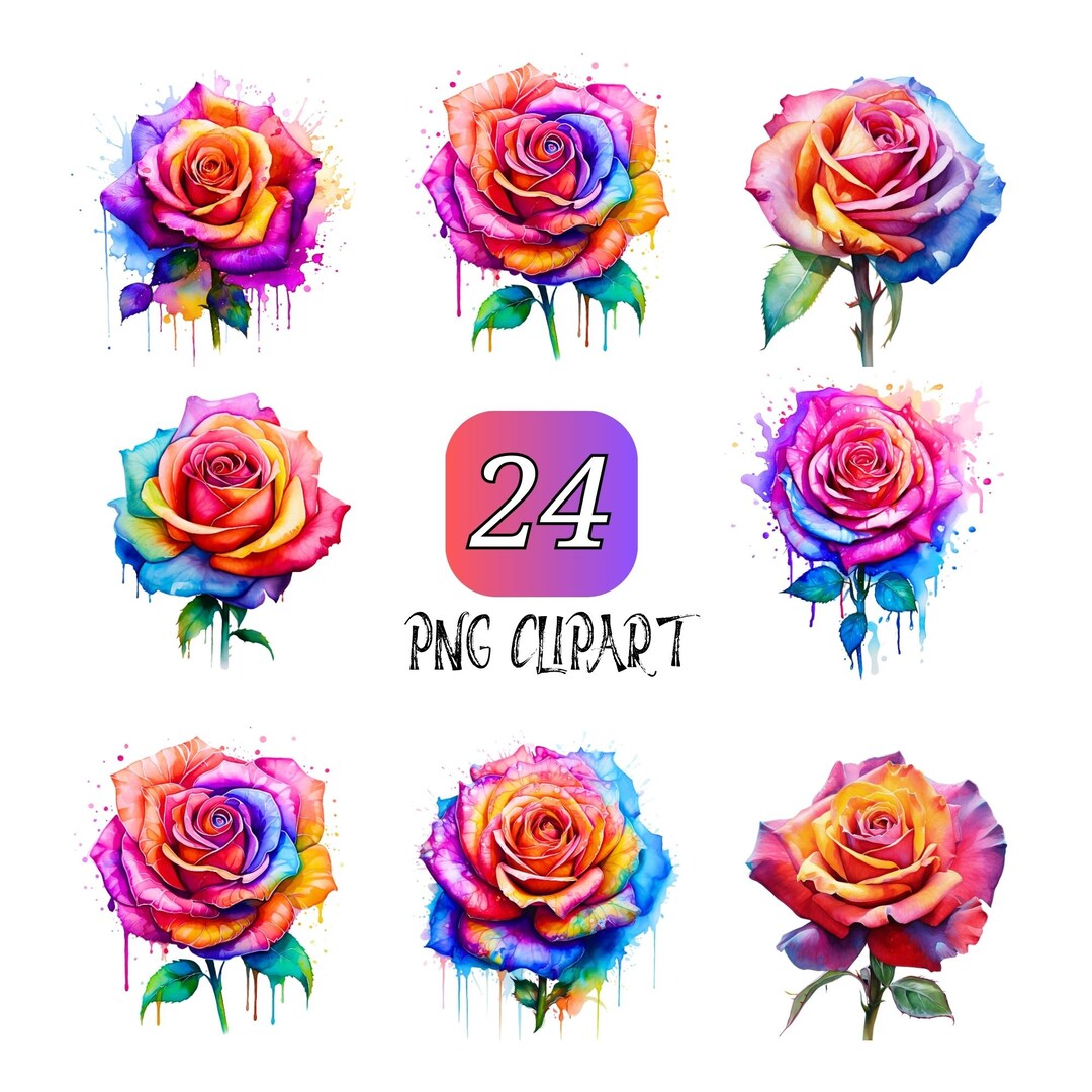 Single Watercolor Rose in Vibrant Colors Clipart, Flowers Clipart, High ...