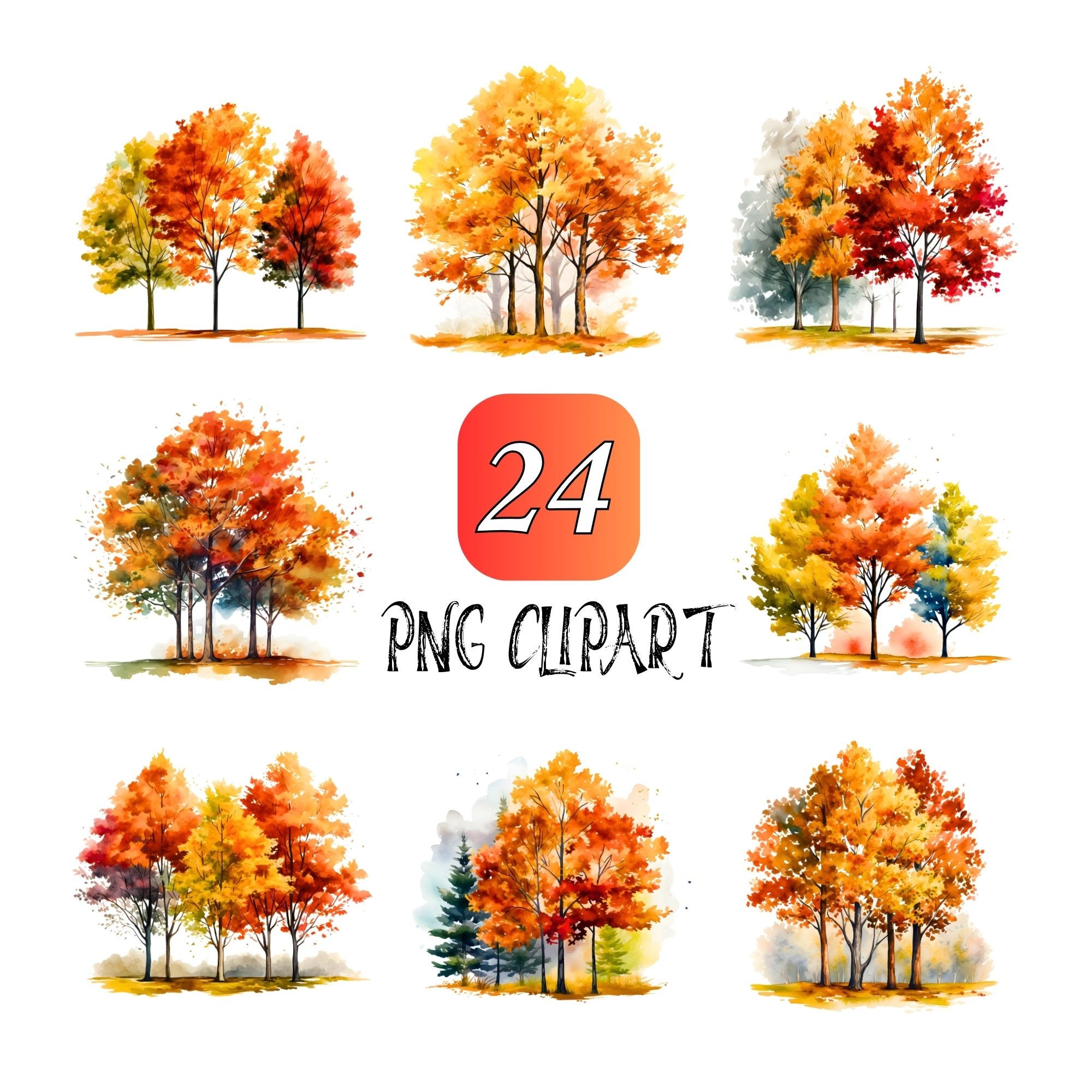 Autumn Trees Clipart, Yellow Trees Watercolor Clipart, High Quality PNG ...