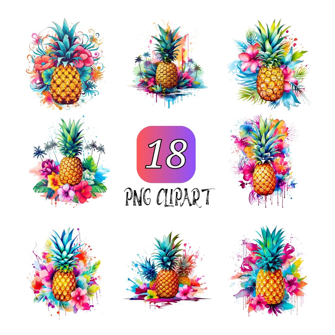 Colorful Pineapple Clipart With Watercolor Splash, Tropical Trees ...