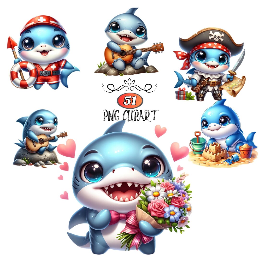Cute Shark Clipart Bundle, Shark Clipart PNG, Watercolor Shark, Baby ...