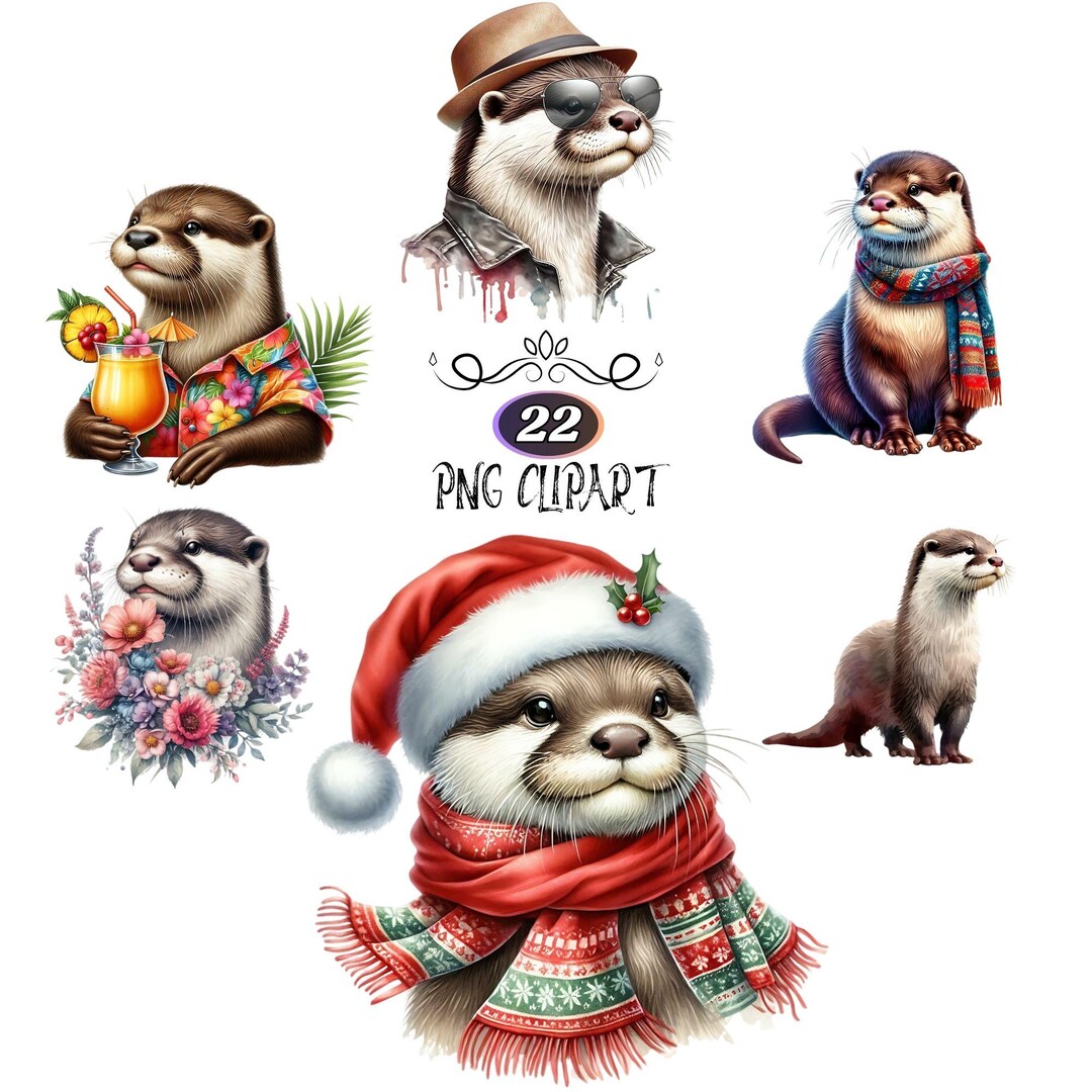 22 Watercolor Otter Clipart Bundle, Card Making, Christmas Otter ...