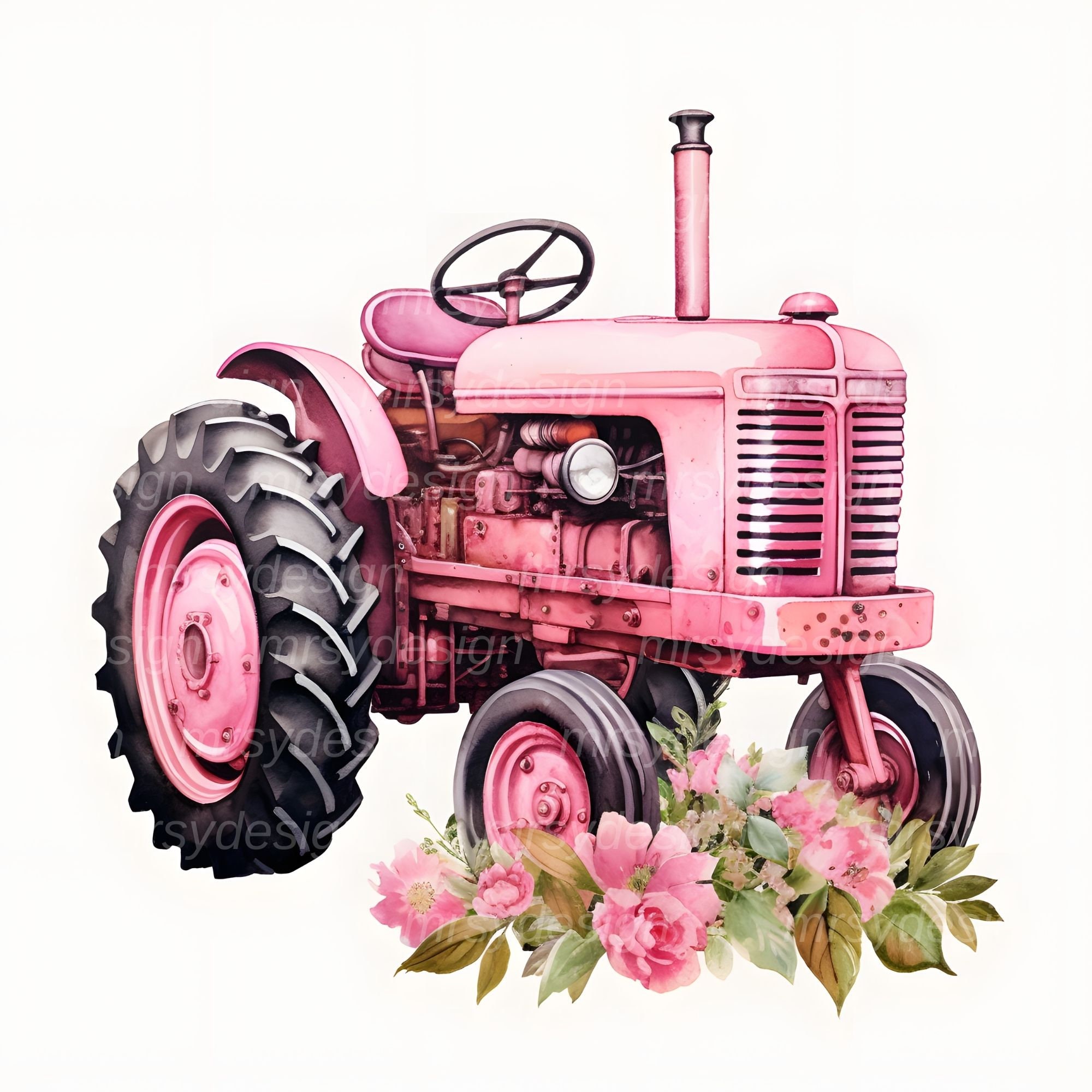 Rustic Tractor Clipart, Pink Farm Tractor Watercolor Tractor Clipart ...