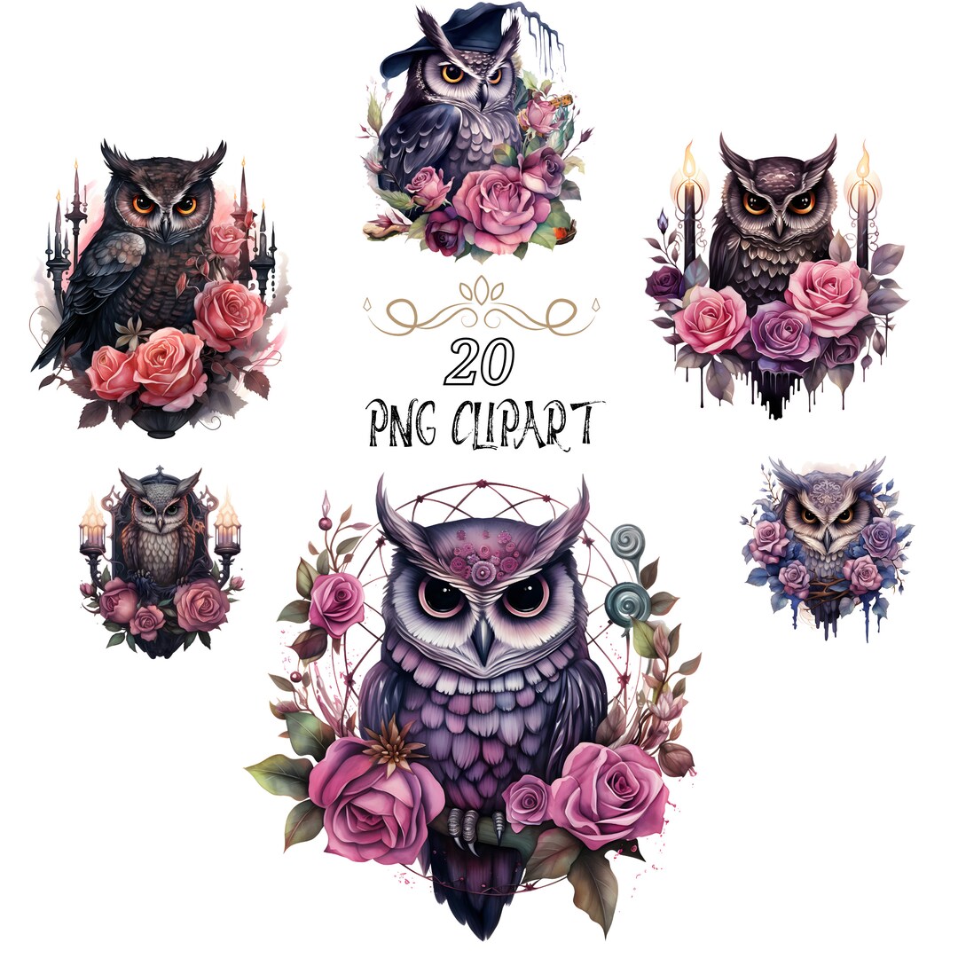 Dark Arcadia Witches Owl Clip Art, Watercolor Rose, Owl Art, Gothic ...