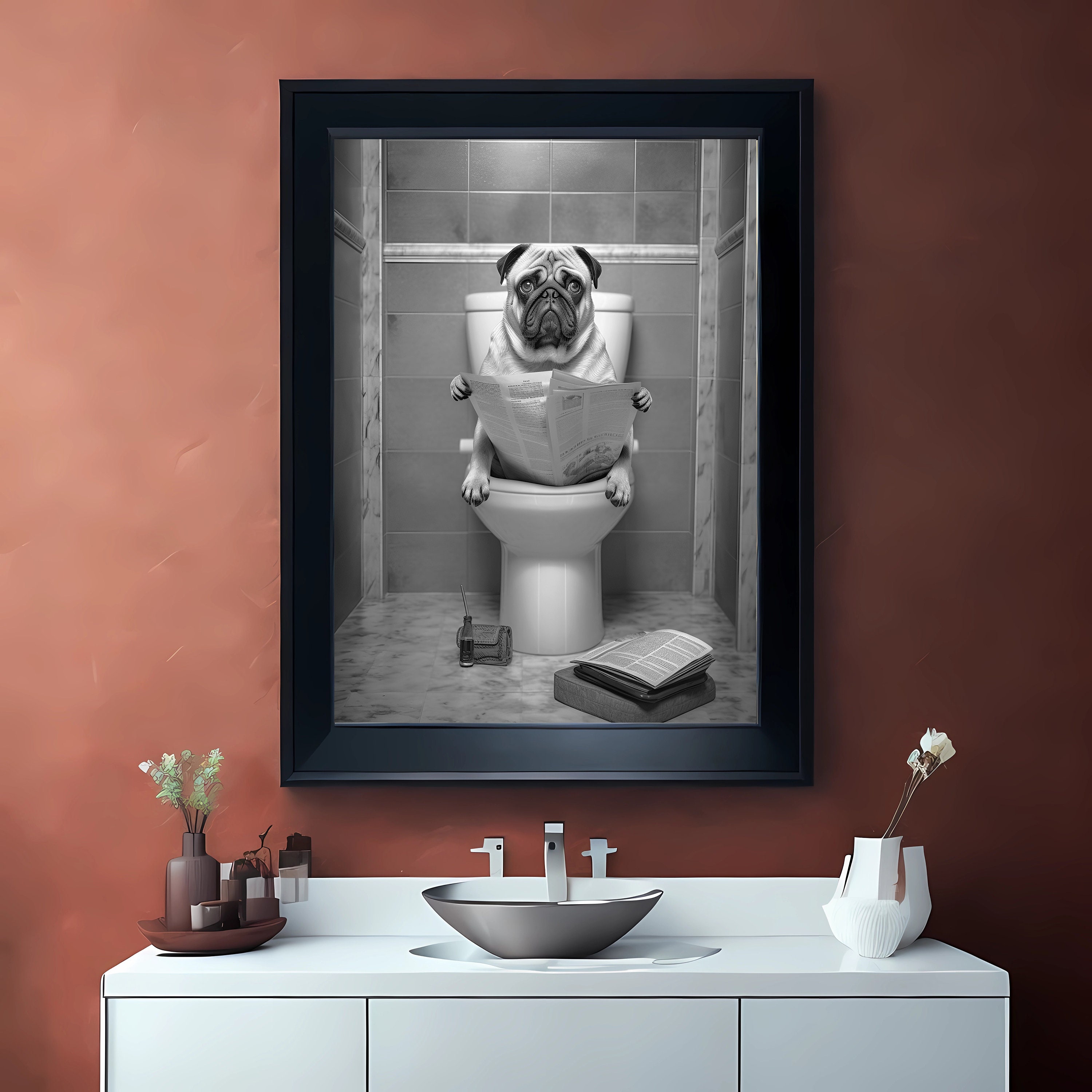 Pug Reading Newspaper on the Toilet Funny Bathroom Wall - Etsy