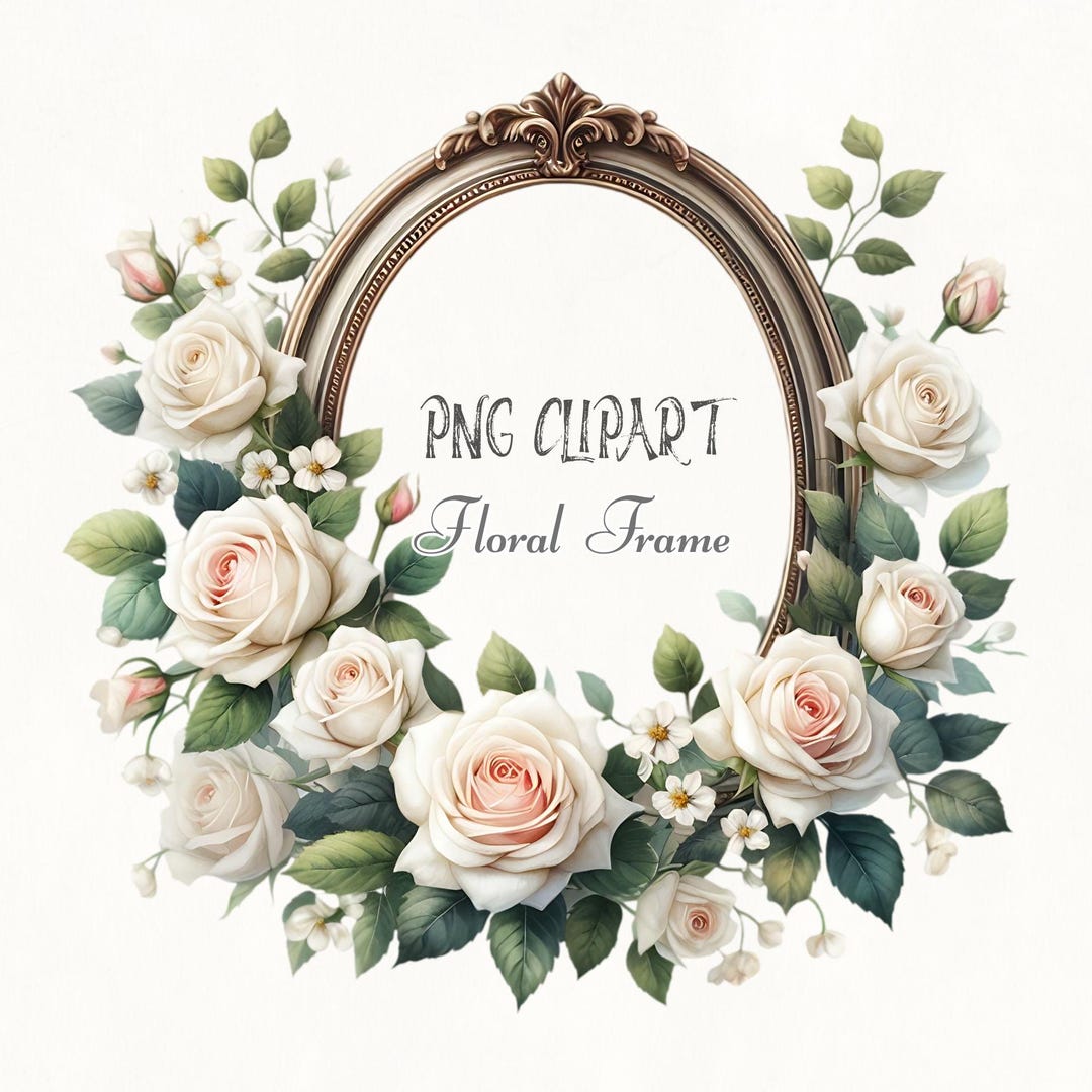 Watercolor White Rose Frame Clipart, Elegant Floral Clipart, Flowers ...