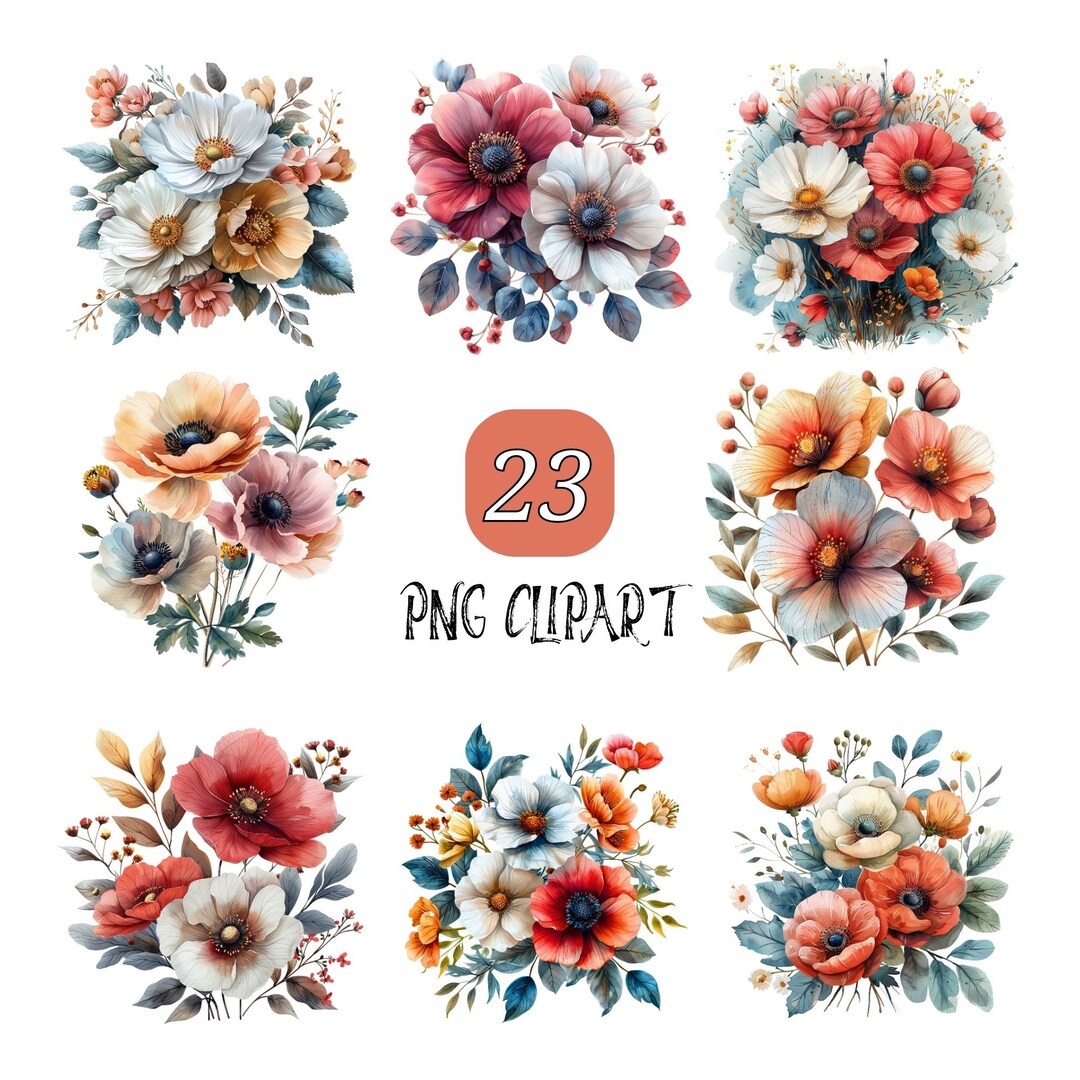 Hand Drawn Flowers Clipart, Watercolor White Creamy and Pink Flower ...