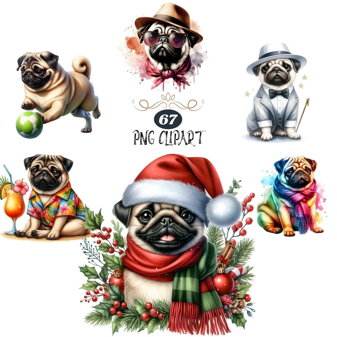 Pug Clipart, Watercolor Dog Clipart, Pug PNG, Card Making, Clipart ...