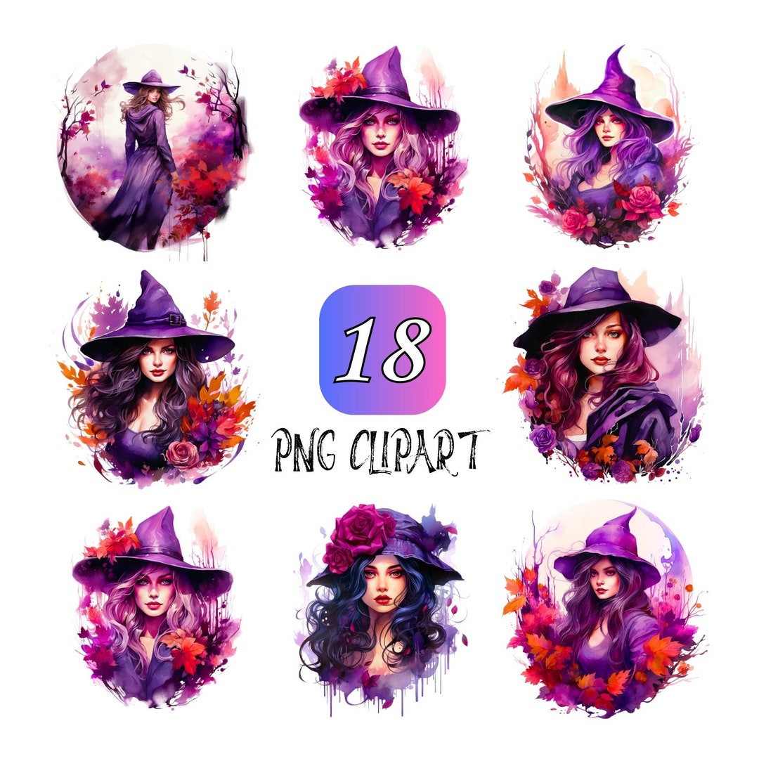 A Witch Clipart, Watercolor Witch PNG, Fantasy Magical Graphics, Purple ...