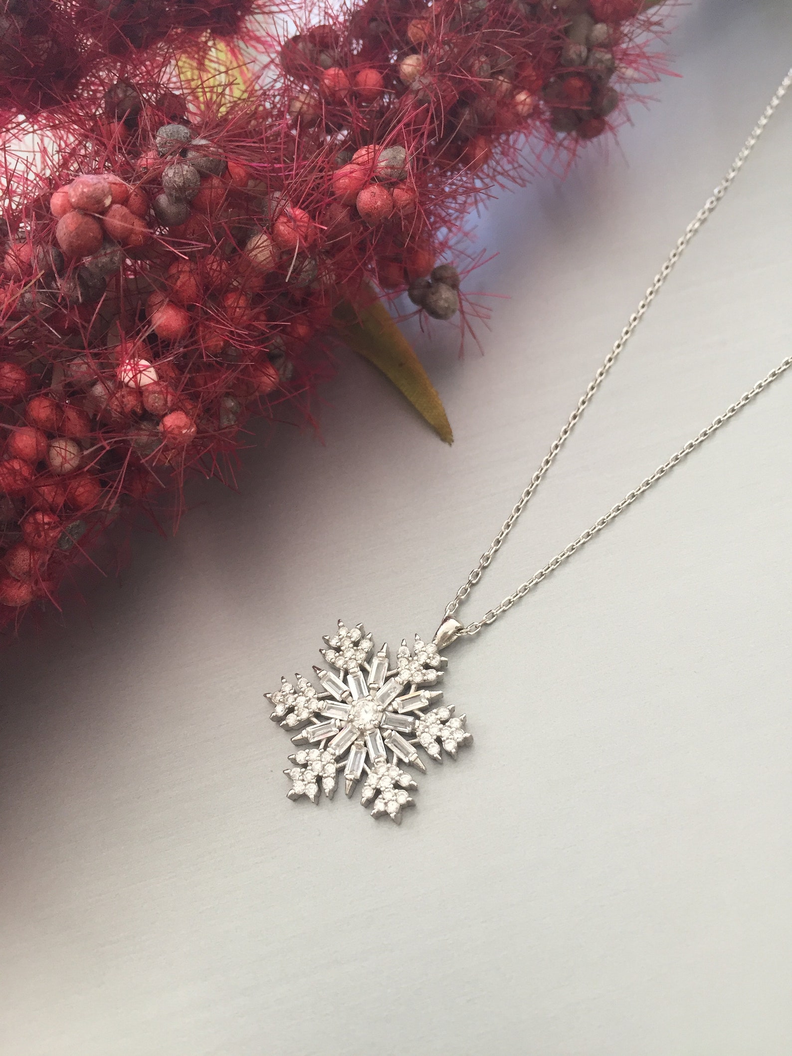 Crystal Snowfalke Necklace, Sterling Silver Baquette Pendant, Winter ...