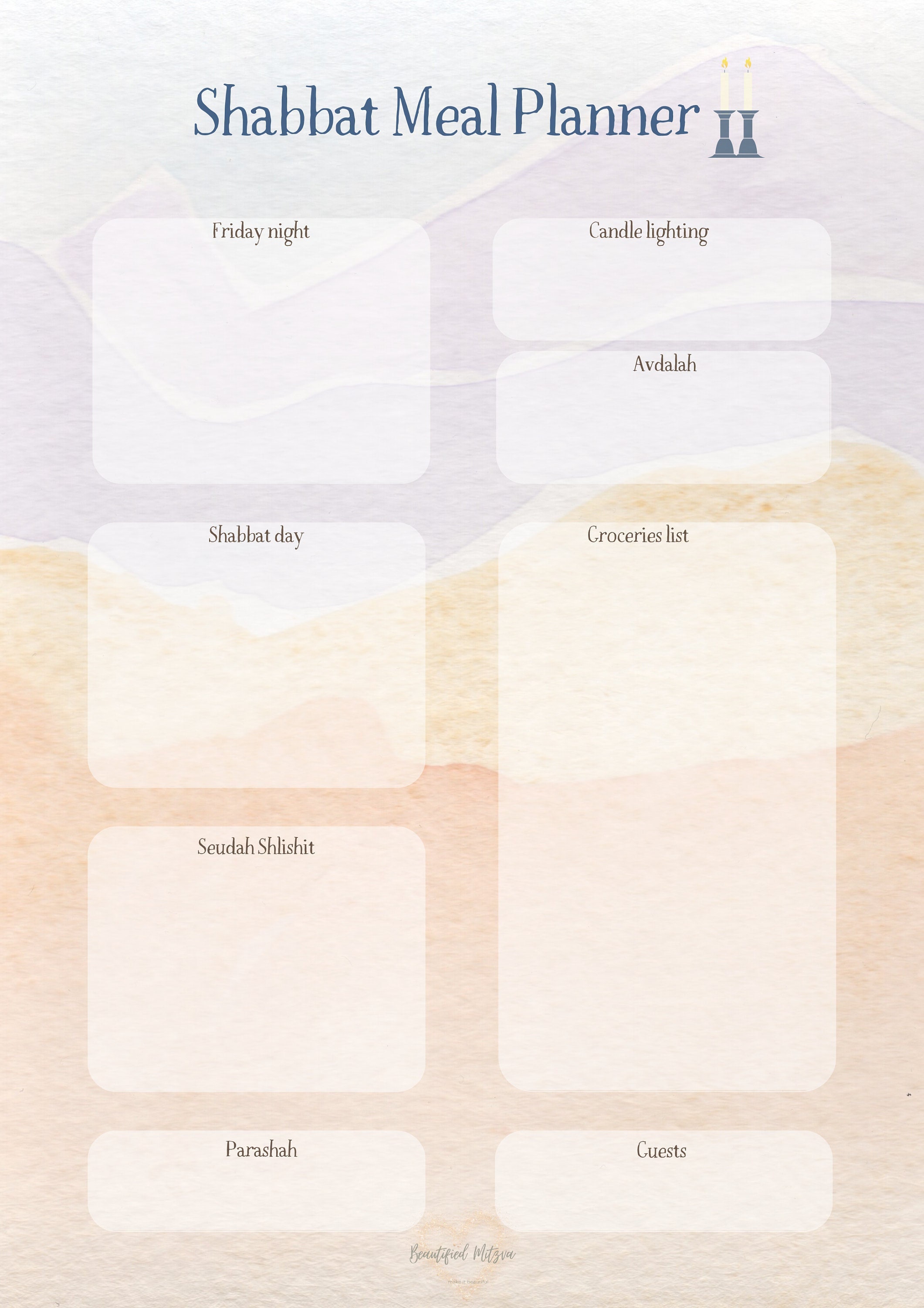 Printable Shabbat Menu Planner in 6 Different Colors - Etsy