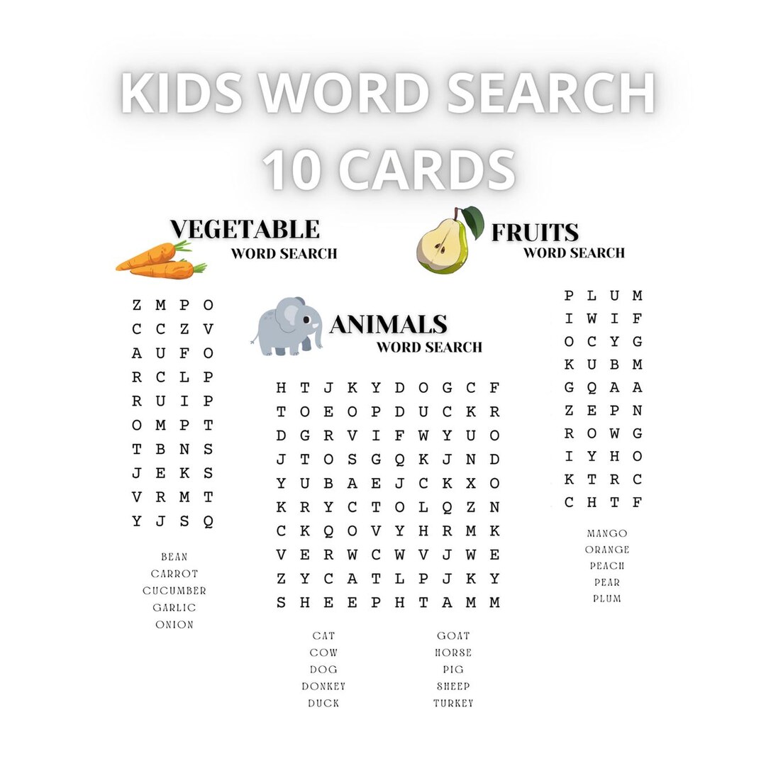 10 Pages Kids Word Search, Funny Activity for Kids, Printable Game ...