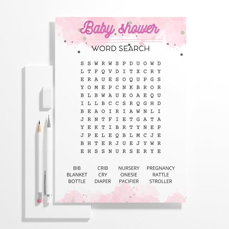 Baby Shower Word Search, Pink Baby Shower Games, Printable Baby Game ...