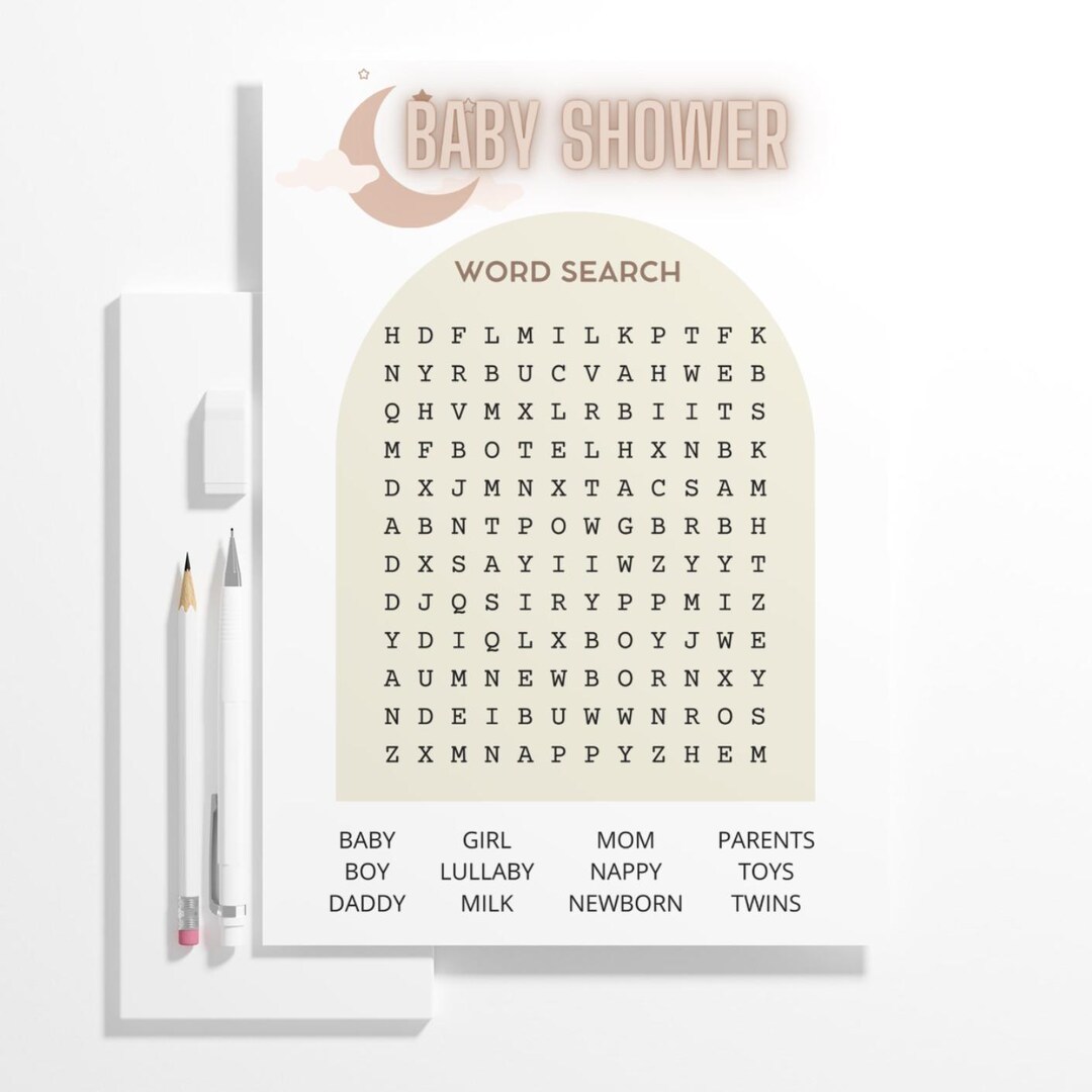 Baby Shower Word Search, Beige Baby Shower Games, Gender Reval, Funny ...