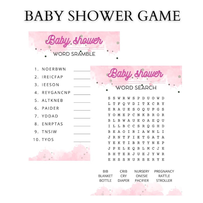 2x Baby Shower Game, Pink Baby Shower, Word Search, Scramble Game ...