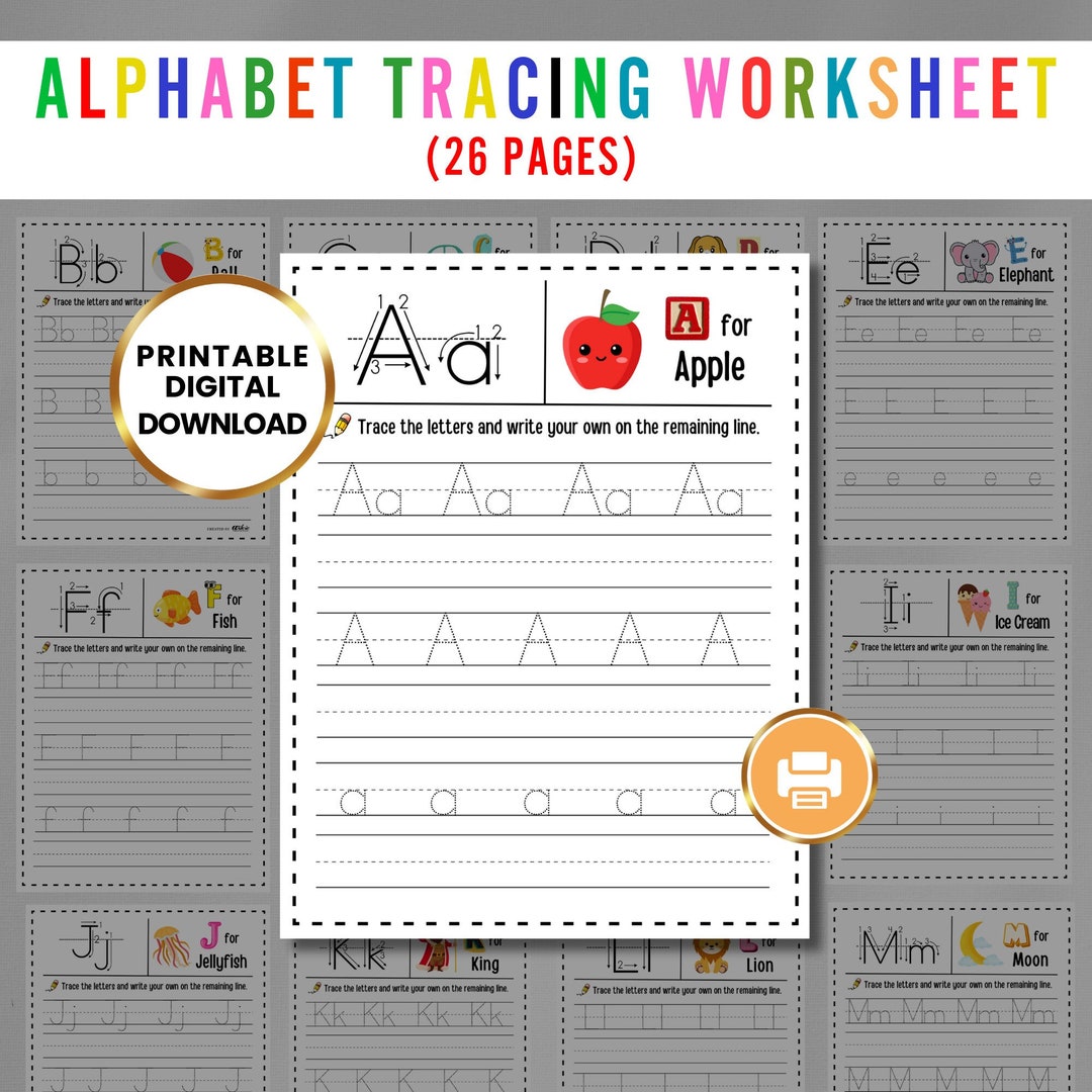 Printable Alphabet Letter Tracing Worksheet A-Z Tracing Letter - Etsy
