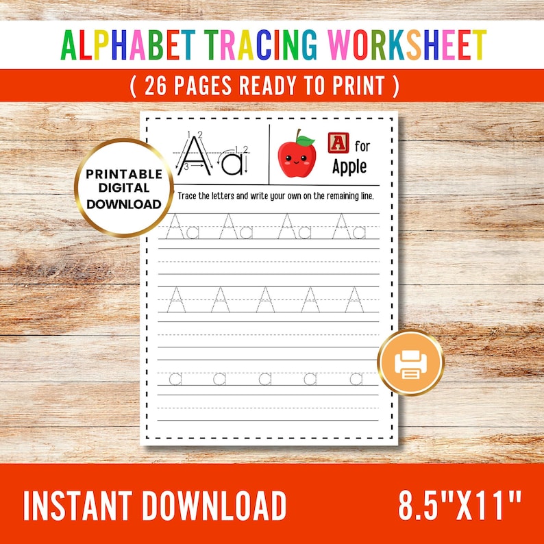 Printable Alphabet Letter Tracing Worksheet A-Z Tracing Letter for ...
