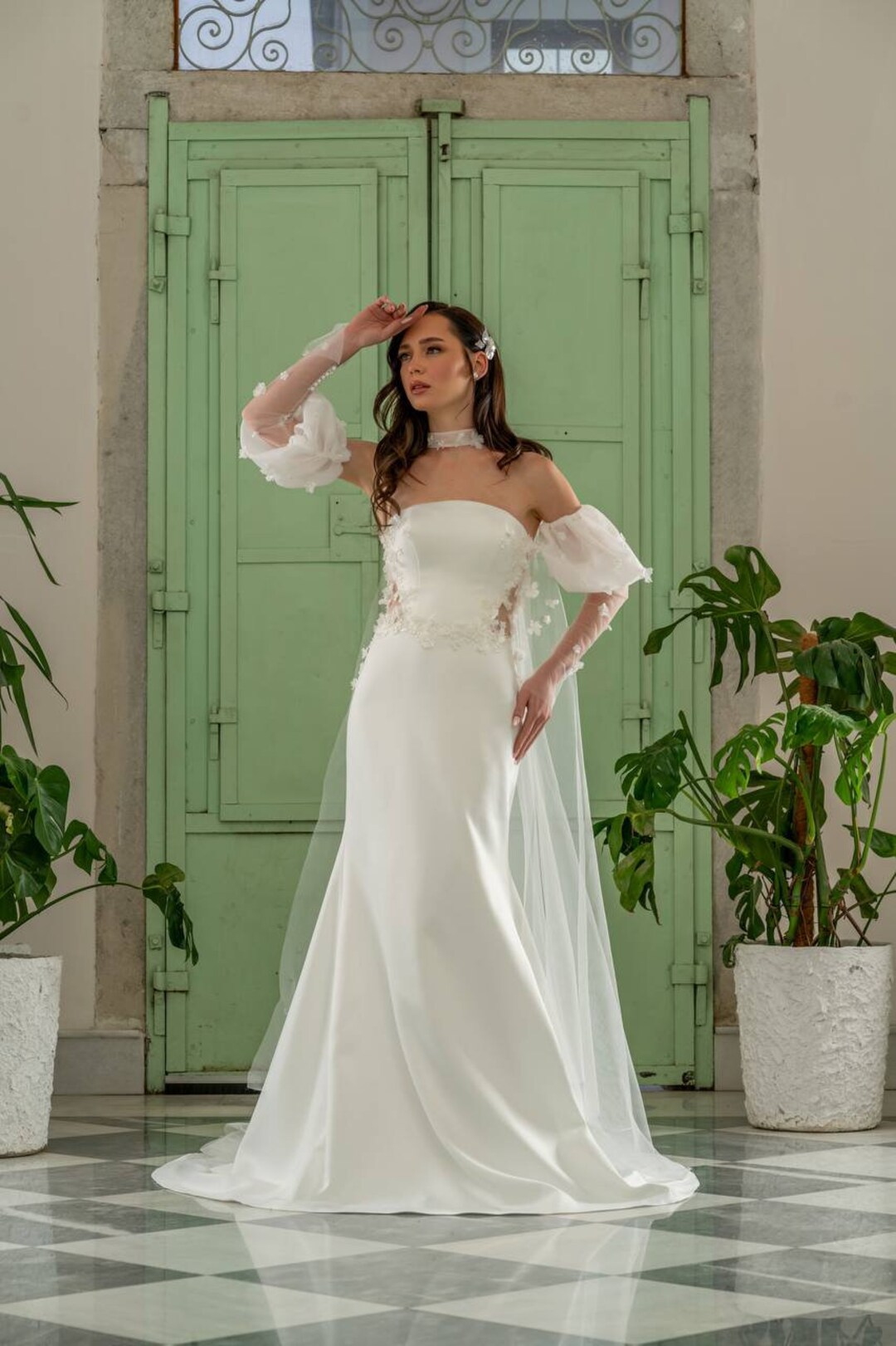 Satin Fish Pattern Wedding Dress With 3D Floral Collar and Cape Detail ...