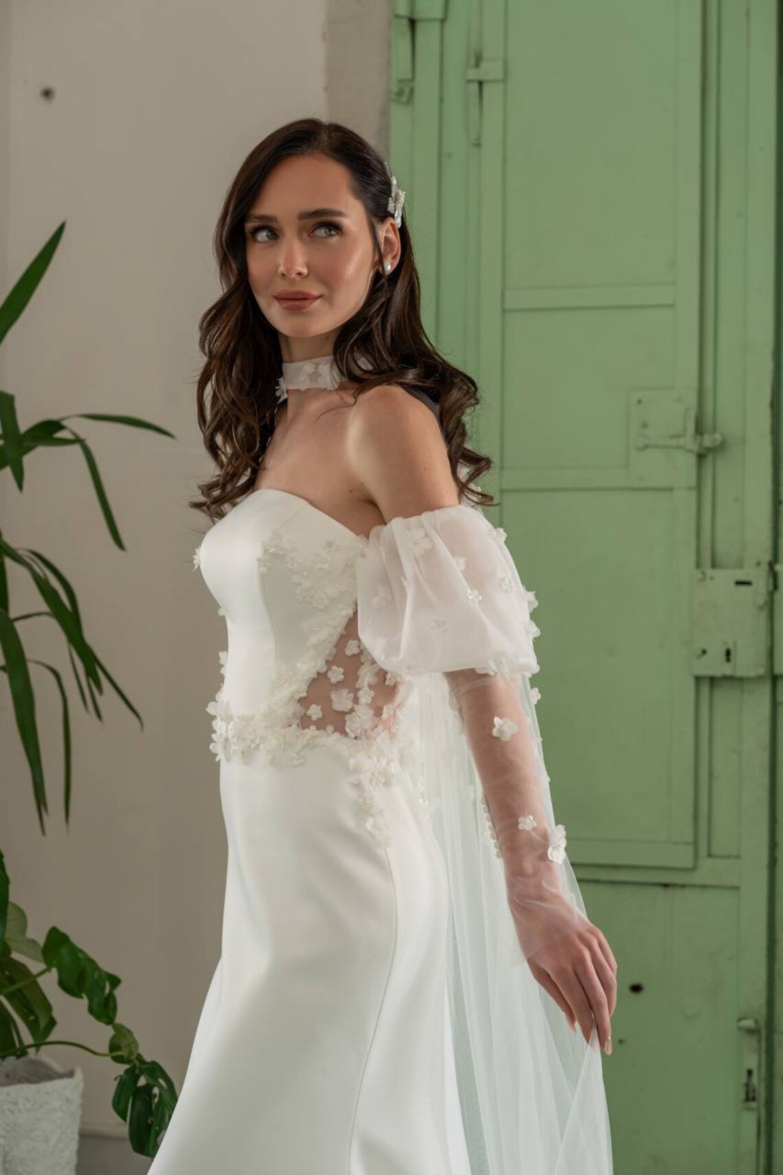 Satin Fish Pattern Wedding Dress With 3D Floral Collar and Cape Detail ...