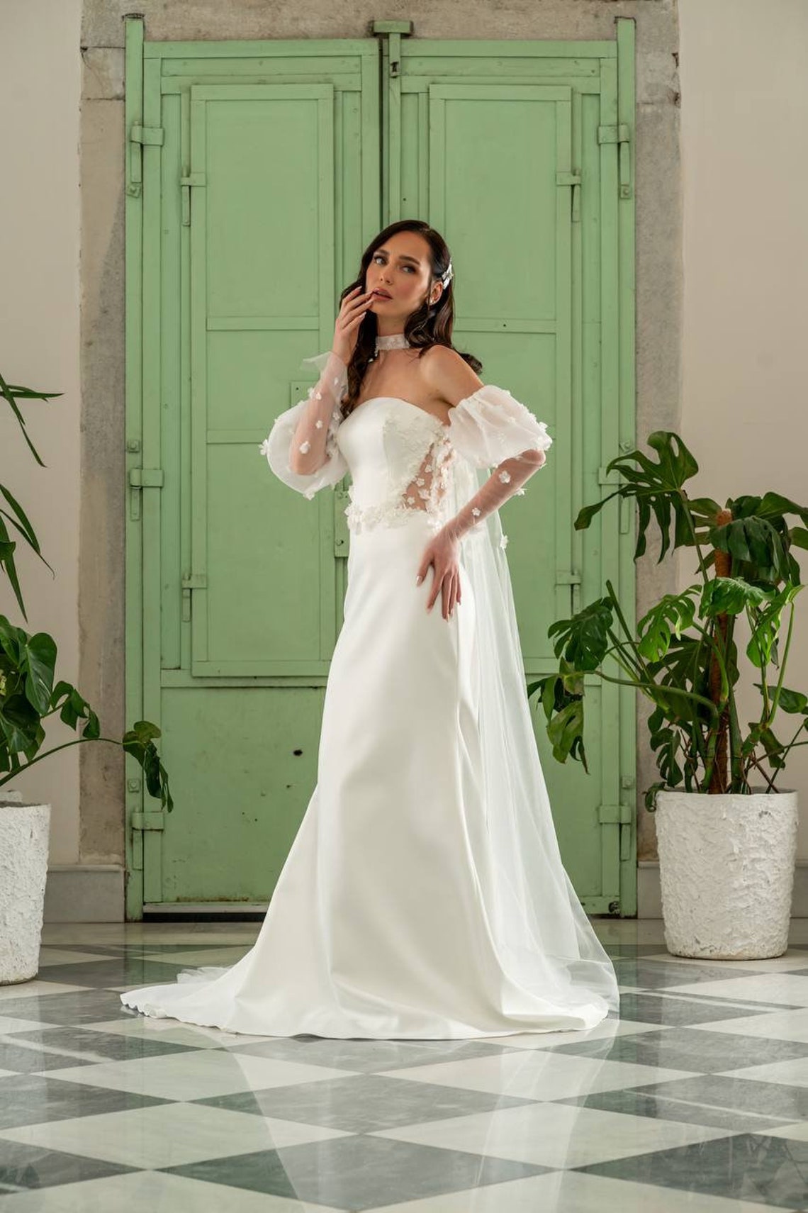Satin Fish Pattern Wedding Dress With 3D Floral Collar and Cape Detail ...