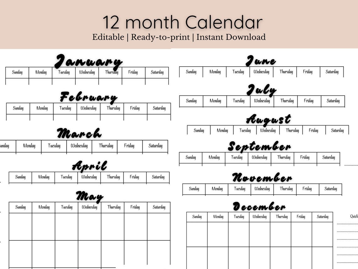 12 Month Undated Calendar Template Blank Printable Calendar Editable ...