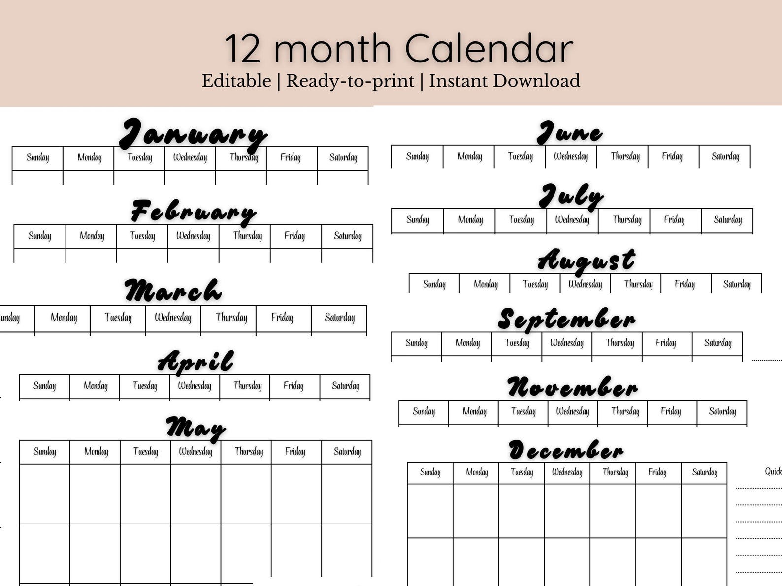 12 Month Undated Calendar Template Blank Printable Calendar Editable ...