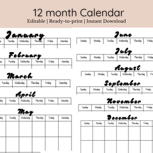 12 Month Undated Calendar Template Blank Printable Calendar Editable ...