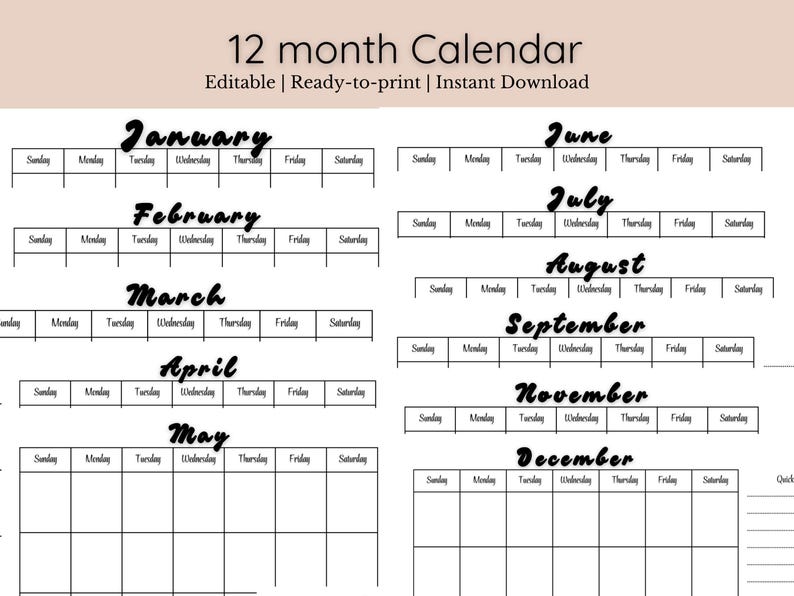 12 Month Undated Calendar Template Blank Printable Calendar Editable ...