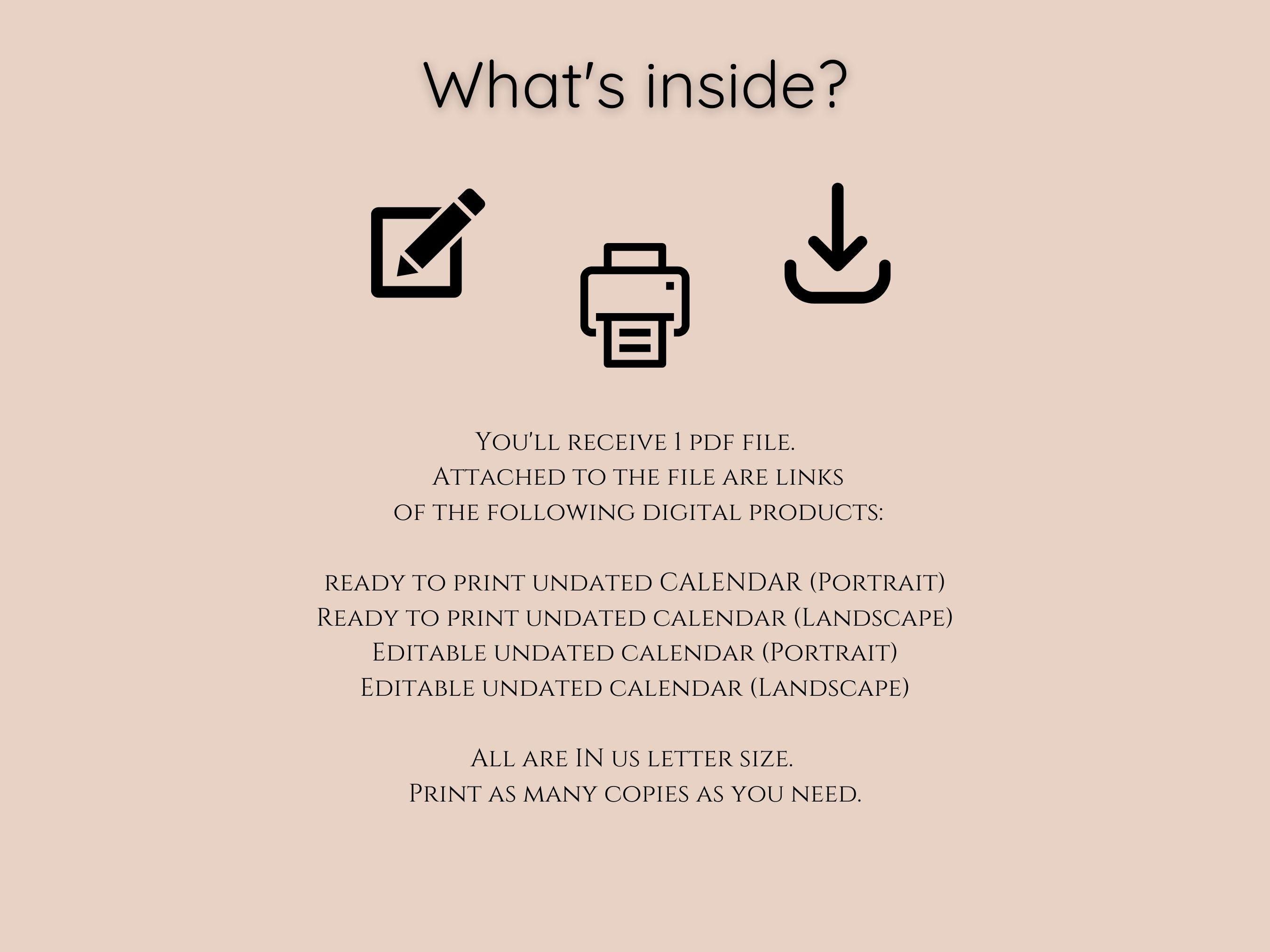 12 Month Undated Calendar Template Blank Printable Calendar Editable ...