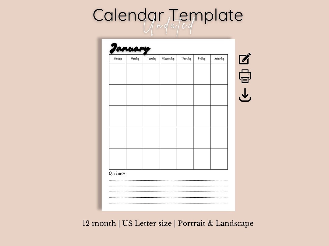 12 Month Undated Calendar Template Blank Printable Calendar Editable ...