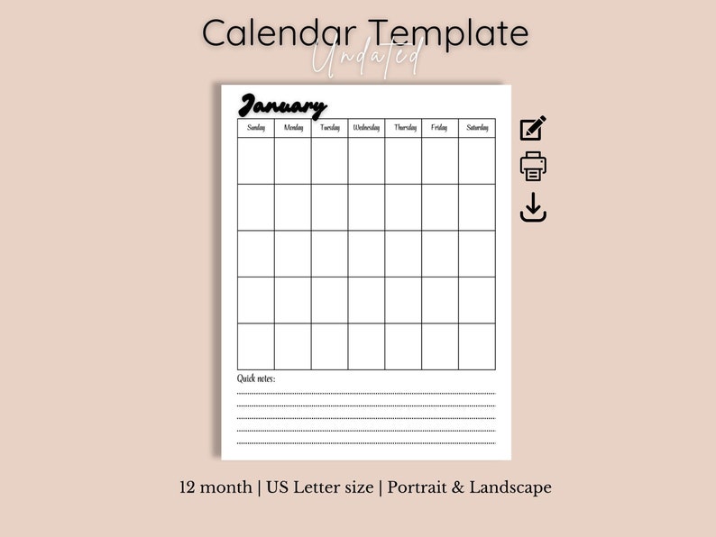 12 Month Undated Calendar Template Blank Printable Calendar Editable ...