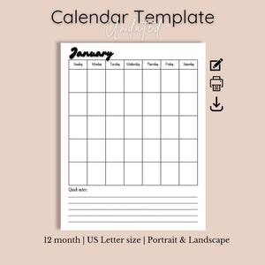 12 Month Undated Calendar Template Blank Printable Calendar Editable ...