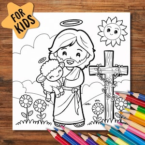 Jesus and Lamb Christian Coloring Page Easter Religious Printable, Kids ...