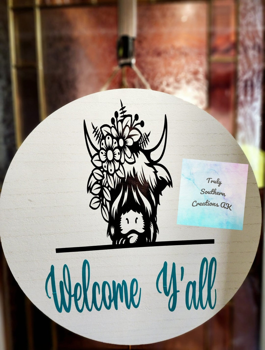 18" Round Highland Cow With Floral Headband Welcome Hanger - Etsy