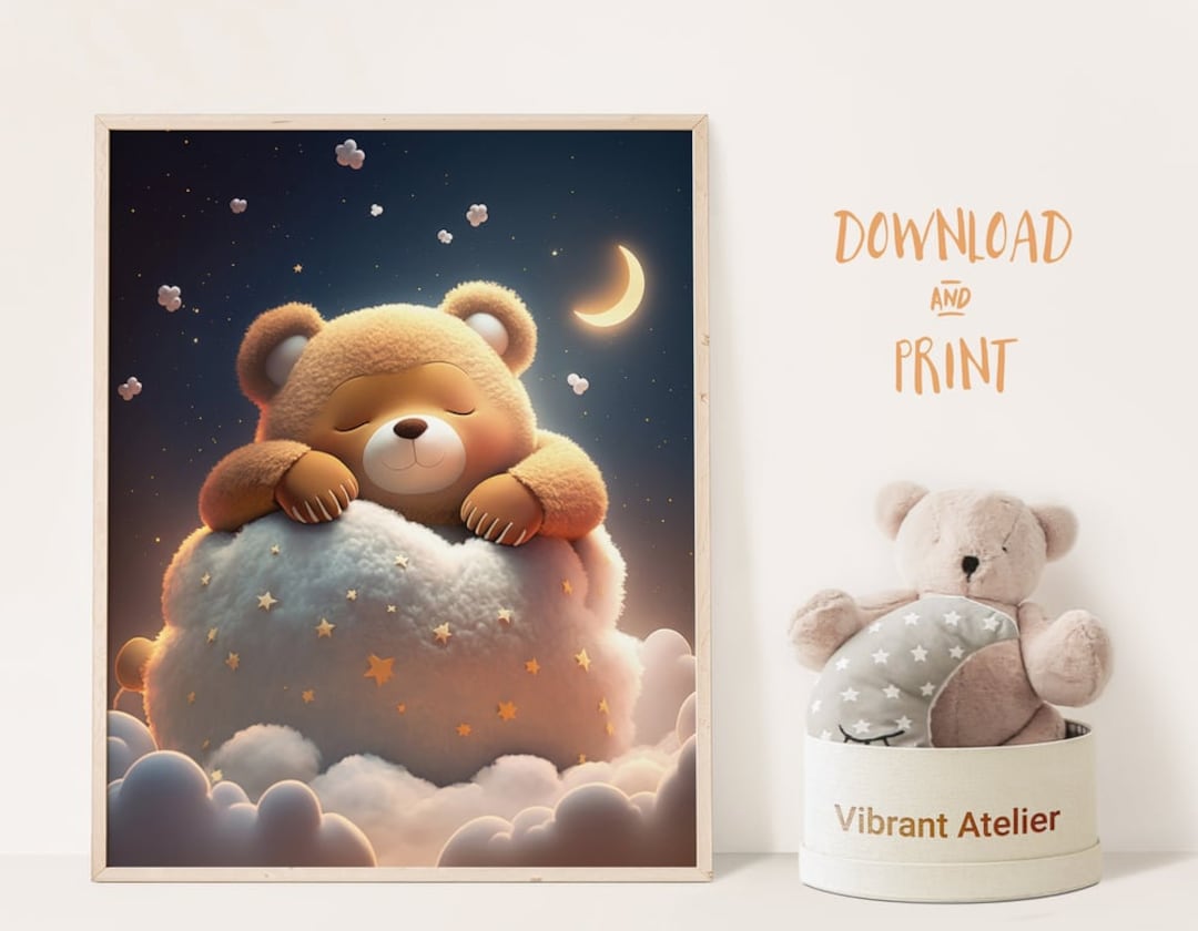 Printable Teddy Bear Wall Art, Cute Nursery Wall Decor, AI Artwork for ...