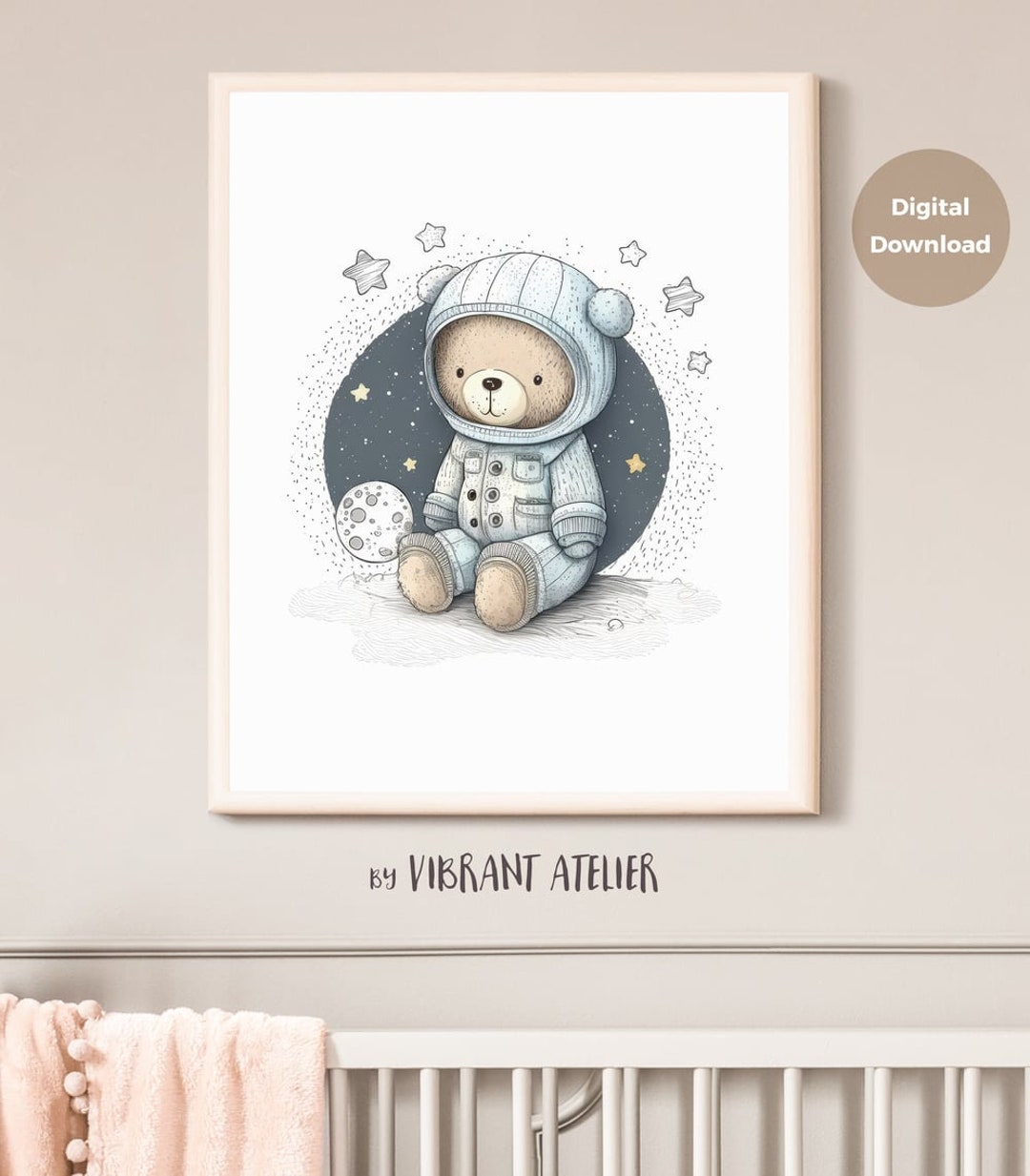 Printable Cute Teddy Bear on the Moon Nursery Wall Art, Adorable AI ...