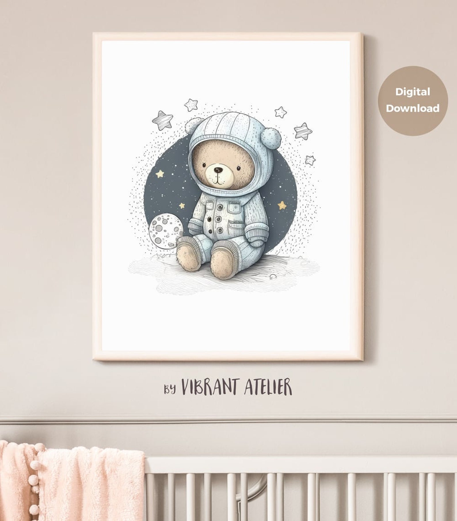 Printable Cute Teddy Bear on the Moon Nursery Wall Art, Adorable AI ...