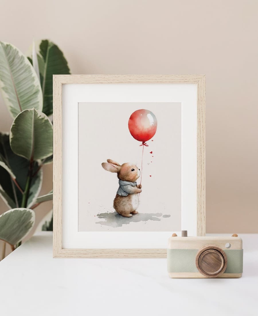 Bunny Rabbit Print Printable Cute Bunny and Red Balloon - Etsy