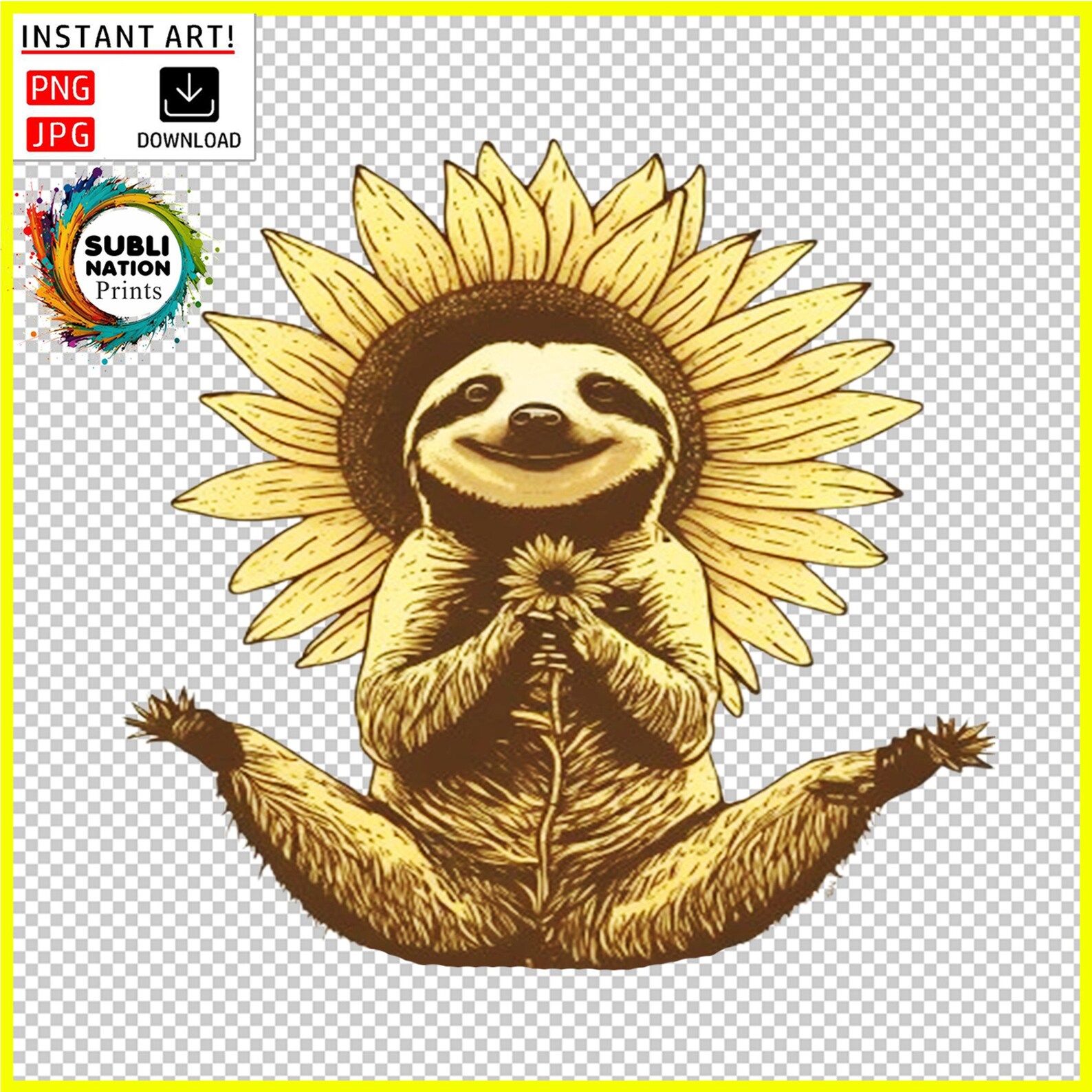 Funny Sloth Yoga Style Sunflower Cute Sloth Png - Etsy