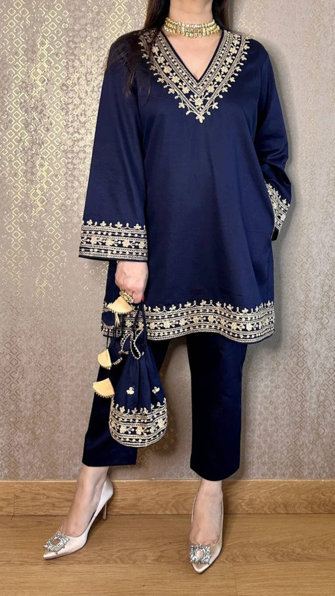 Navy Cotton Kashmiri Co-ord Set Co-ord Set Embroidery Work Dress Co Ord ...
