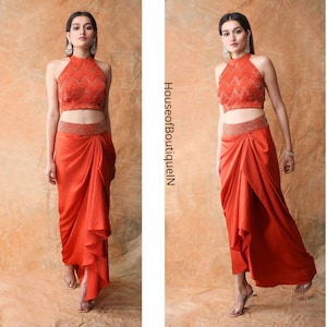 Halter Neck Crop Top Drape Dhoti Skirt Western Dress Party Wear Drape ...