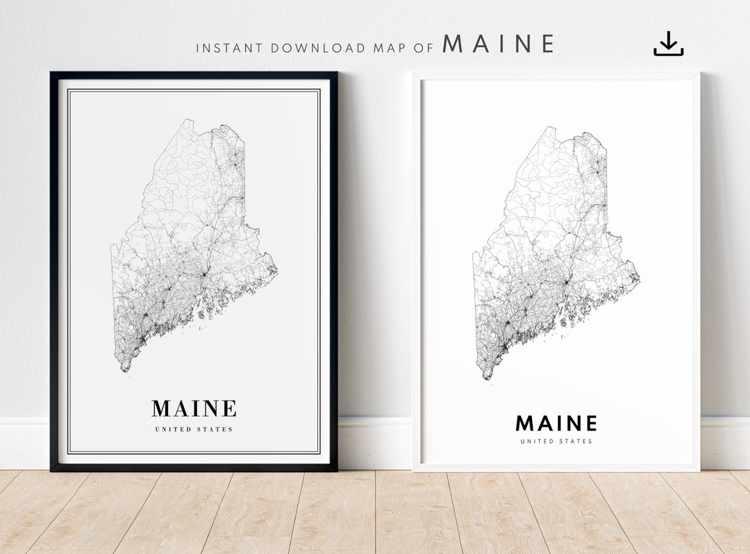 Instant Download Maine State Map Print Maine Map Poster Maine Printable Map Digital Maine Black ...